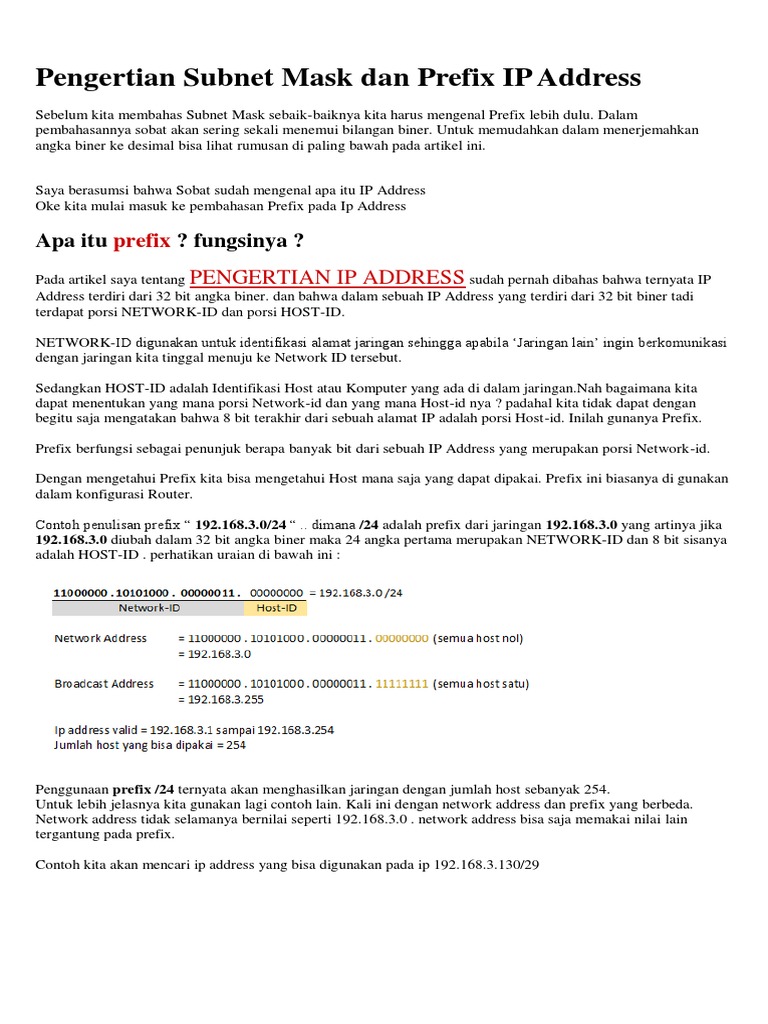 Pengertian Subnet Mask Dan Prefix IP Address | PDF