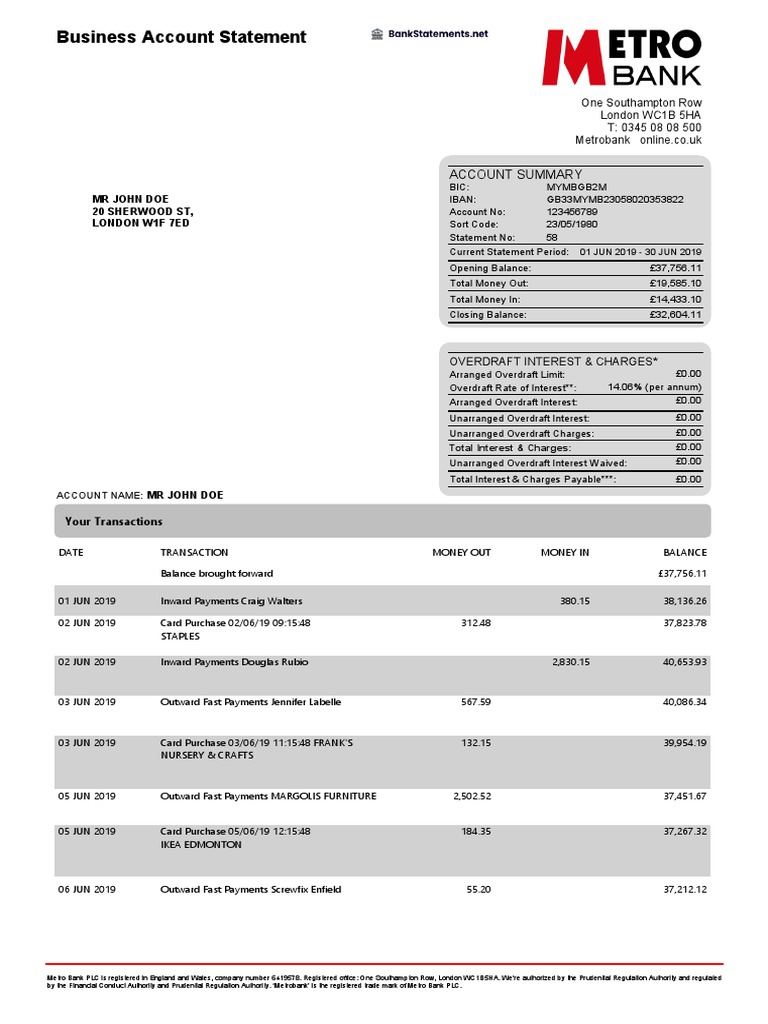Business Account Statement: MR John Doe 20 Sherwood ST, London W1F 7ed ...