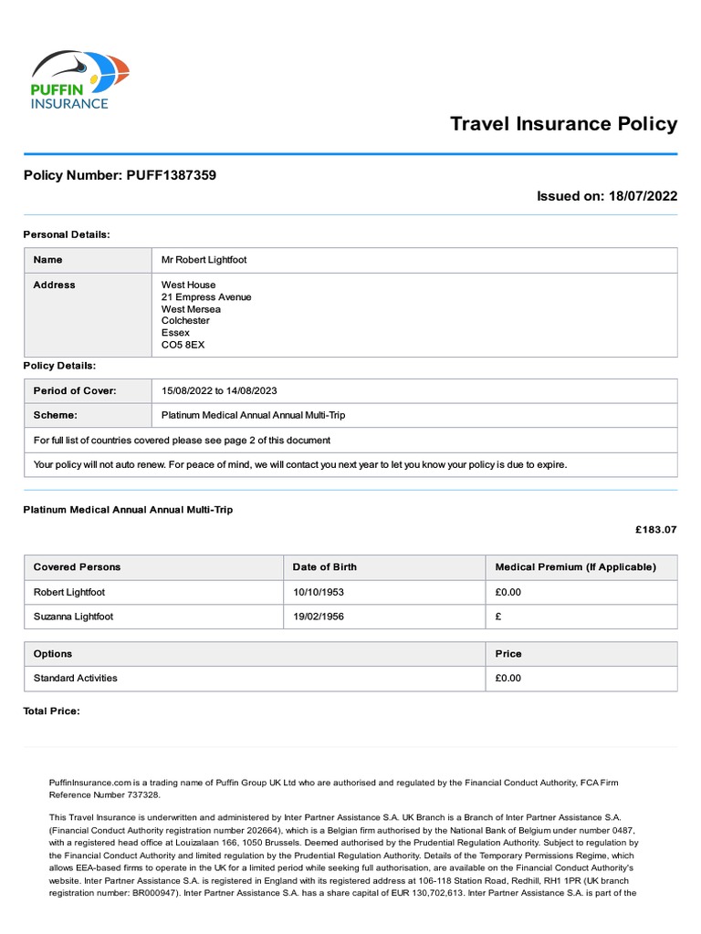 Policy Schedule - Puffin - AMT - NAR | PDF | Insurance | Euro