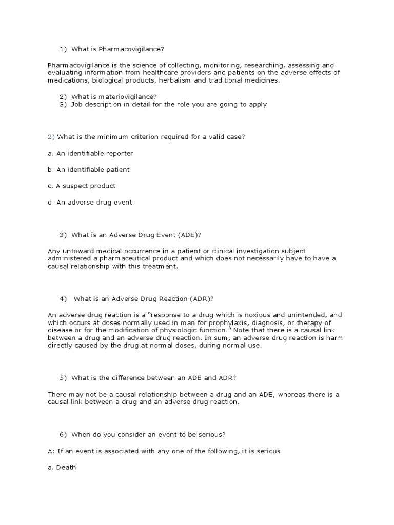 Basic Pharmacovigilance Interview Questions For FRESHERS | PDF ...
