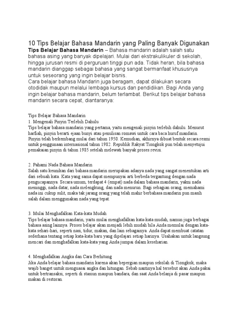 10 Tips Belajar Bahasa Mandarin Yang Paling Banyak Digunakan Pdf