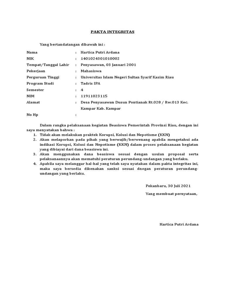 contoh format surat pakta integritas | PDF