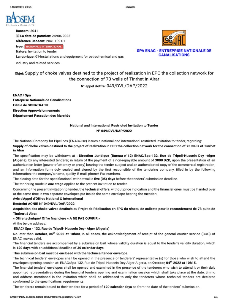 ENAC - Tender No.049 - DVL - DAP - 2022 - Supply of Choke Valves Destined To The Project of ...