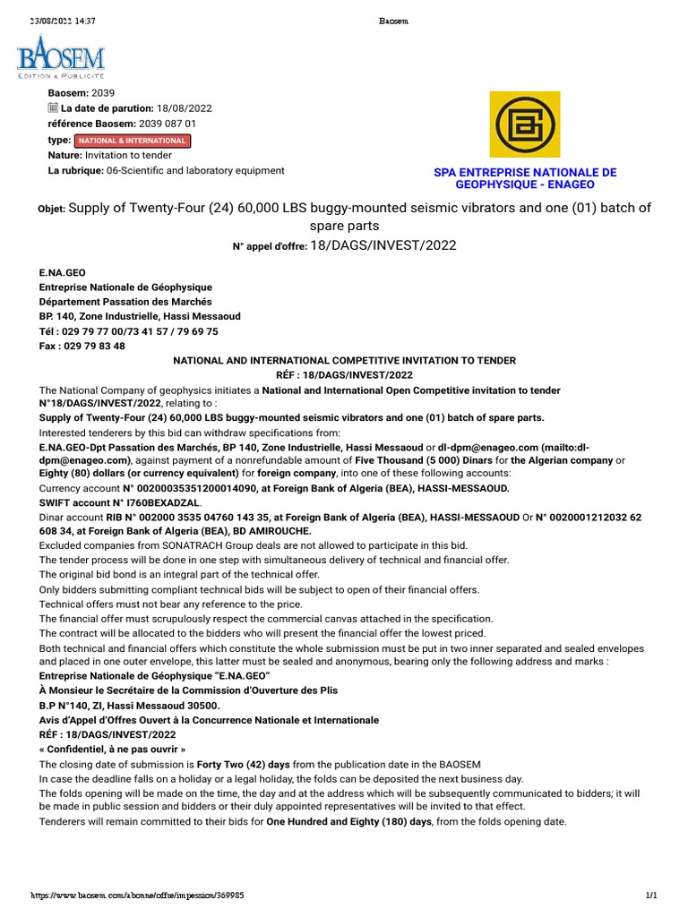 ENAGEO - Tender No.18 - DAGS - INVEST - 2022 - Supply of x24 Buggy Mounted Seismic Vibrators ...