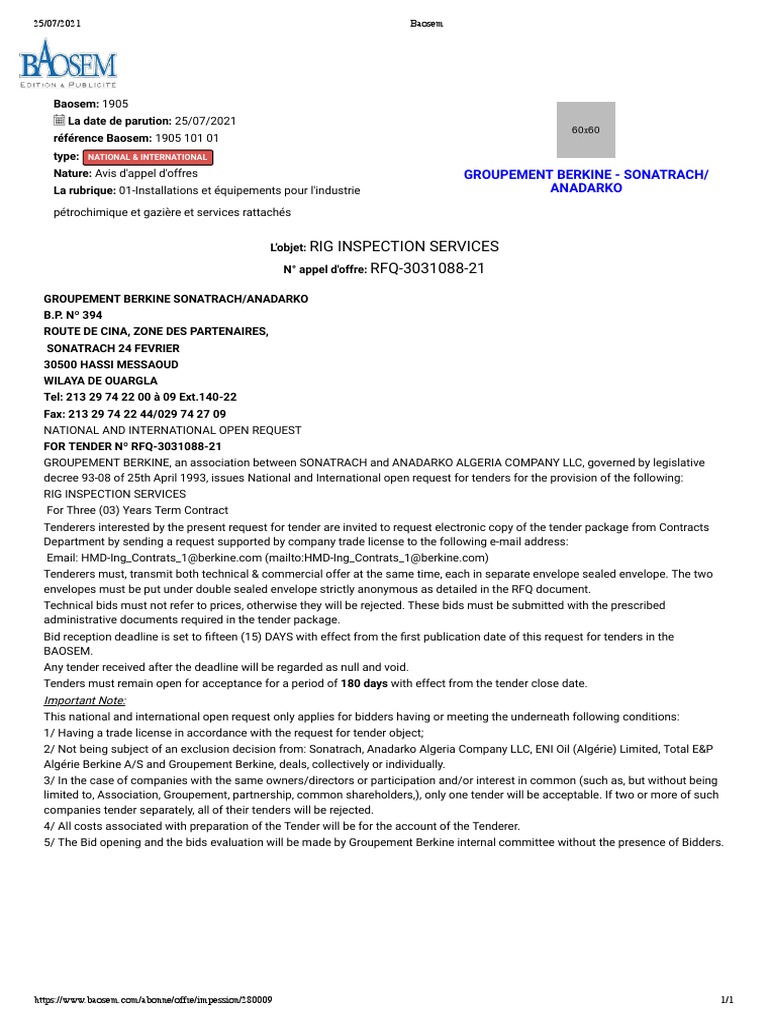 Rig Inspection Tender Notice | PDF | Business