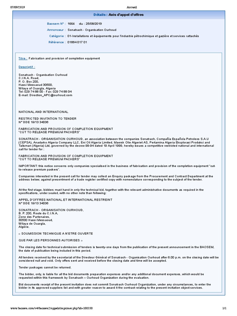 Gr. Ourhoud - Tender No - Dde 19 - 13 34036 - Fabrication - Supply of ...