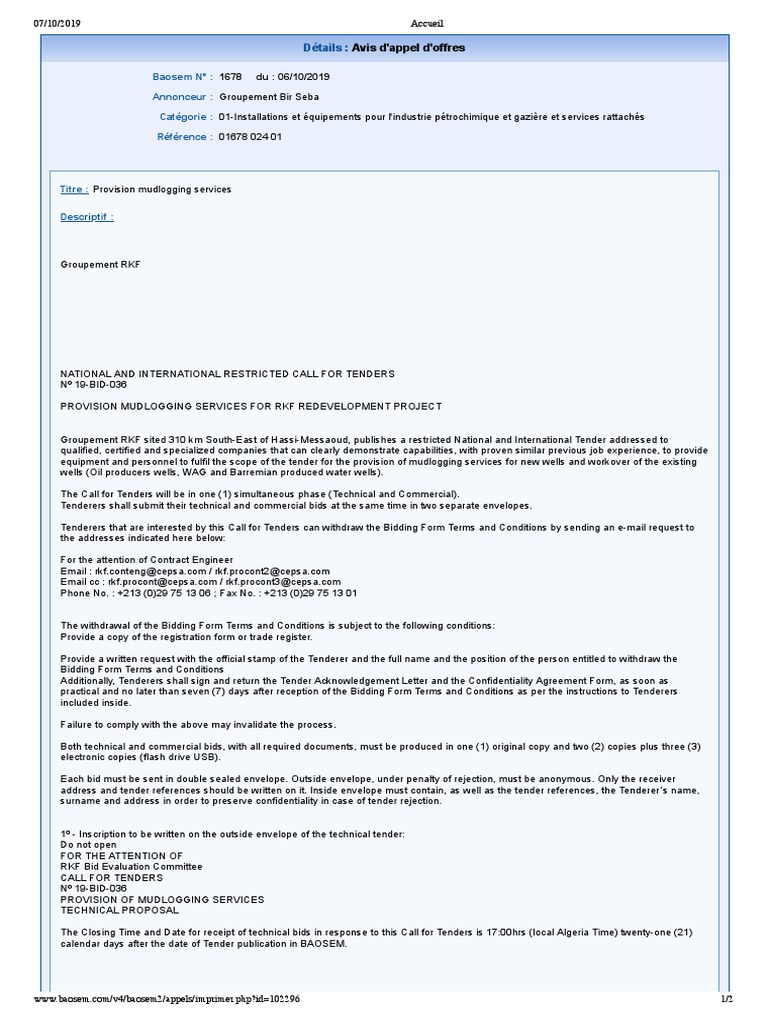 Mudlogging Services Tender 19-BID-036 | PDF | Business