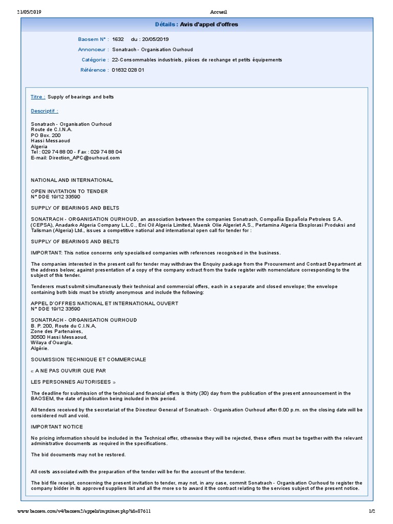 Gr. Ourhoud - Tender No - Dde 19 - 12 33590 - Supply of Bearing - Belts ...
