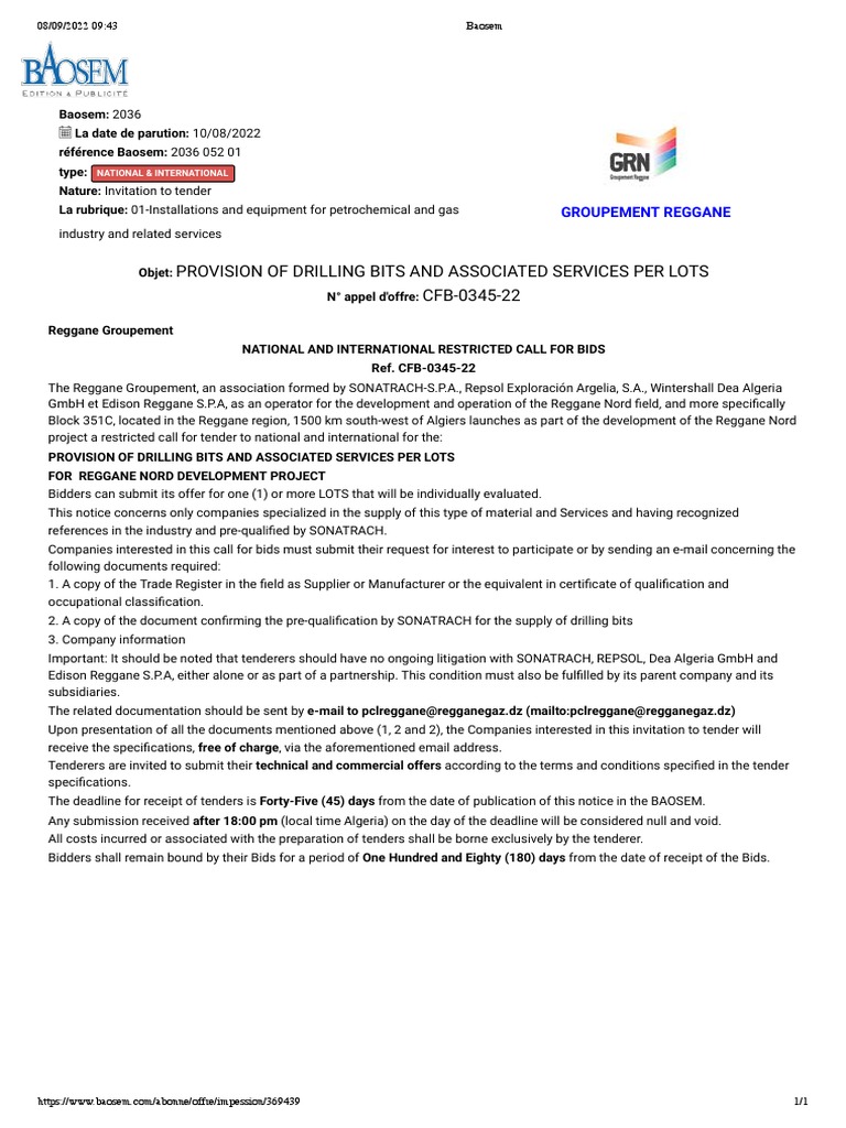 Drilling Bits Tender Notice | PDF | Business