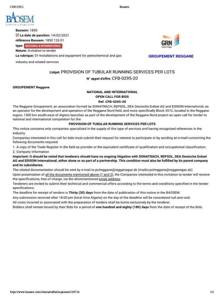 Gr. Reggane Nord - Tender No - cfb-0295-20 - Provision of Tubular ...