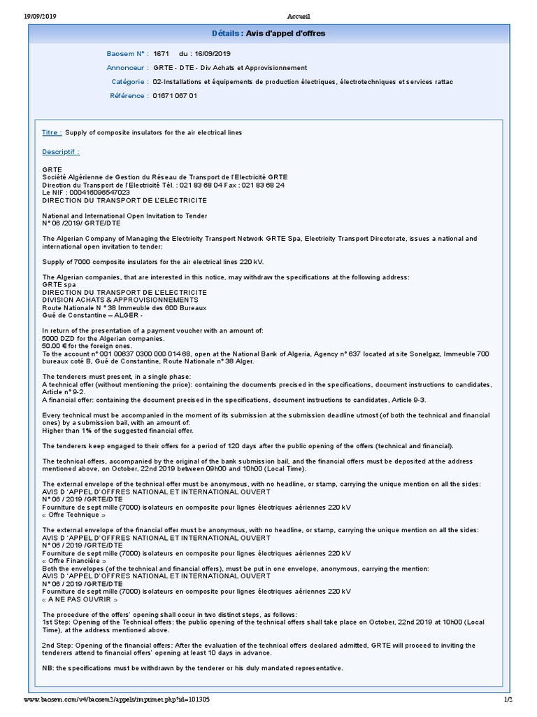 GRTE - Tender No.06 - 2019 - GRTE - DTE - Supply of Composite Insulators | PDF