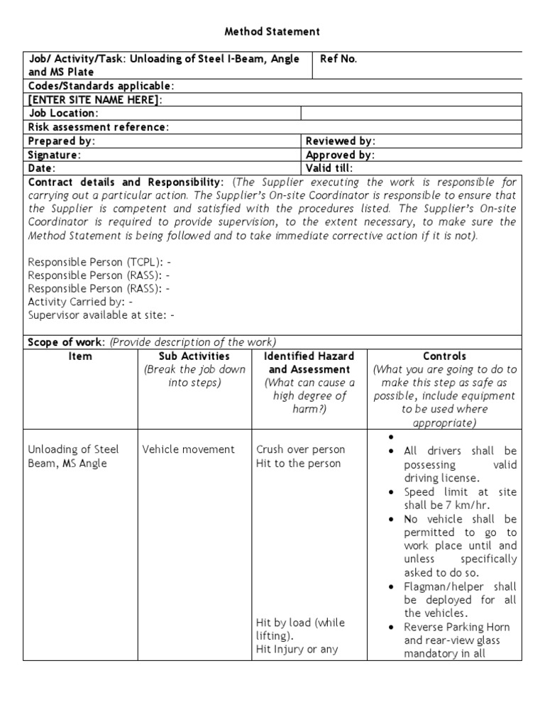 02 Method Statement For Unloading of MS Steel Beam, Angle and MS Plate | PDF | Crane (Machine ...