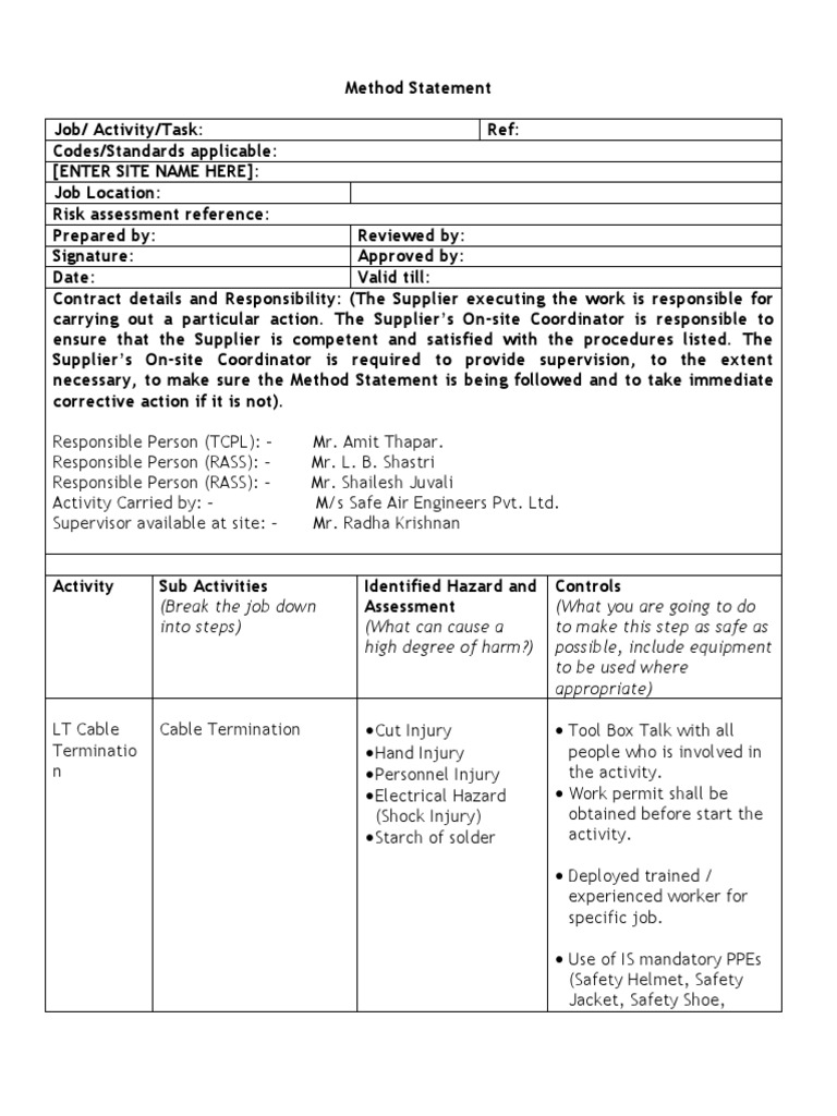 01 Method Statement For Electrical Cable Termination | PDF | Risk | Risk Assessment
