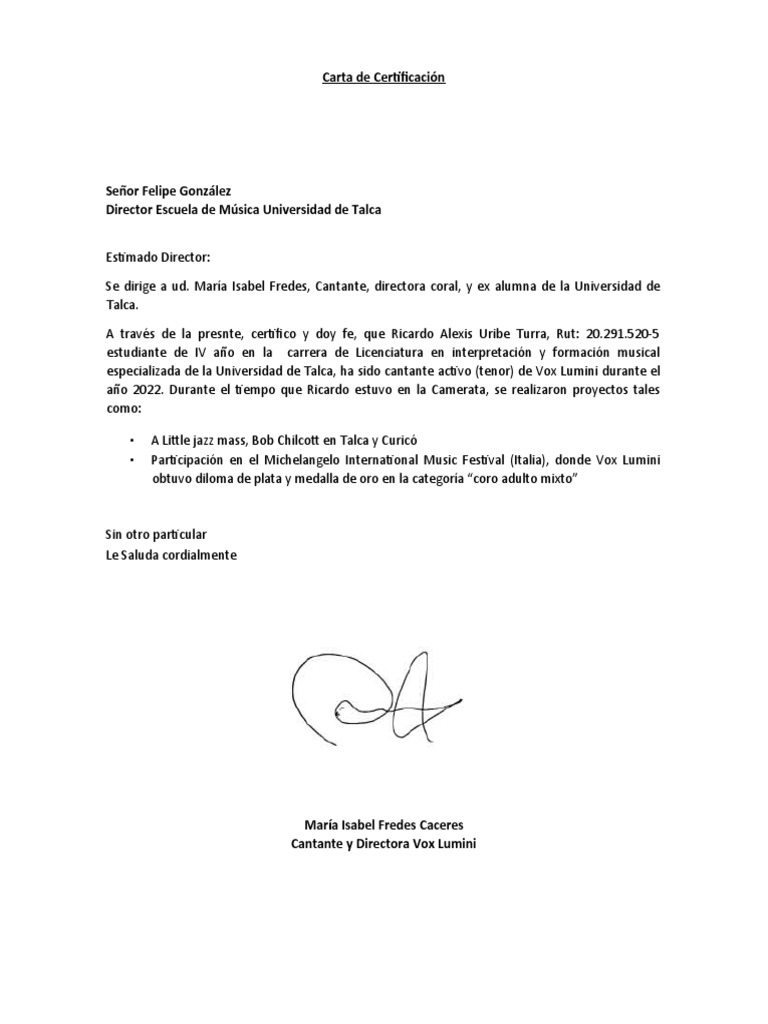Carta de Certificación Ricardo Uribe VL | PDF