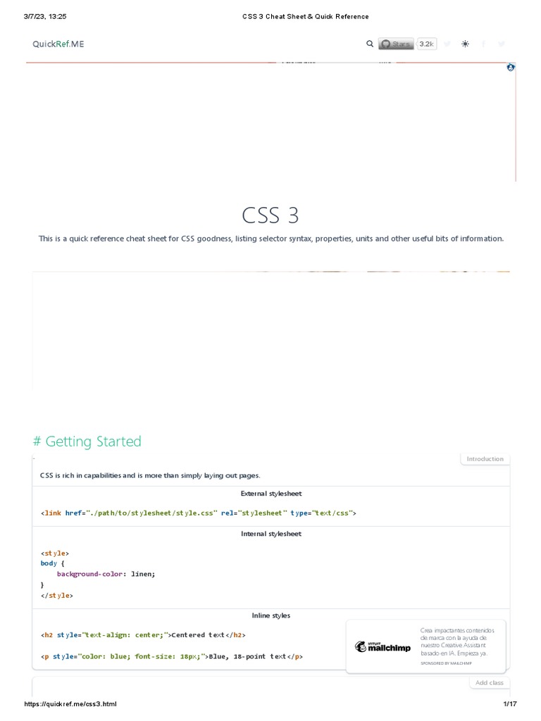 CSS 3 Cheat Sheet Quick Reference | PDF | Typography | Printing