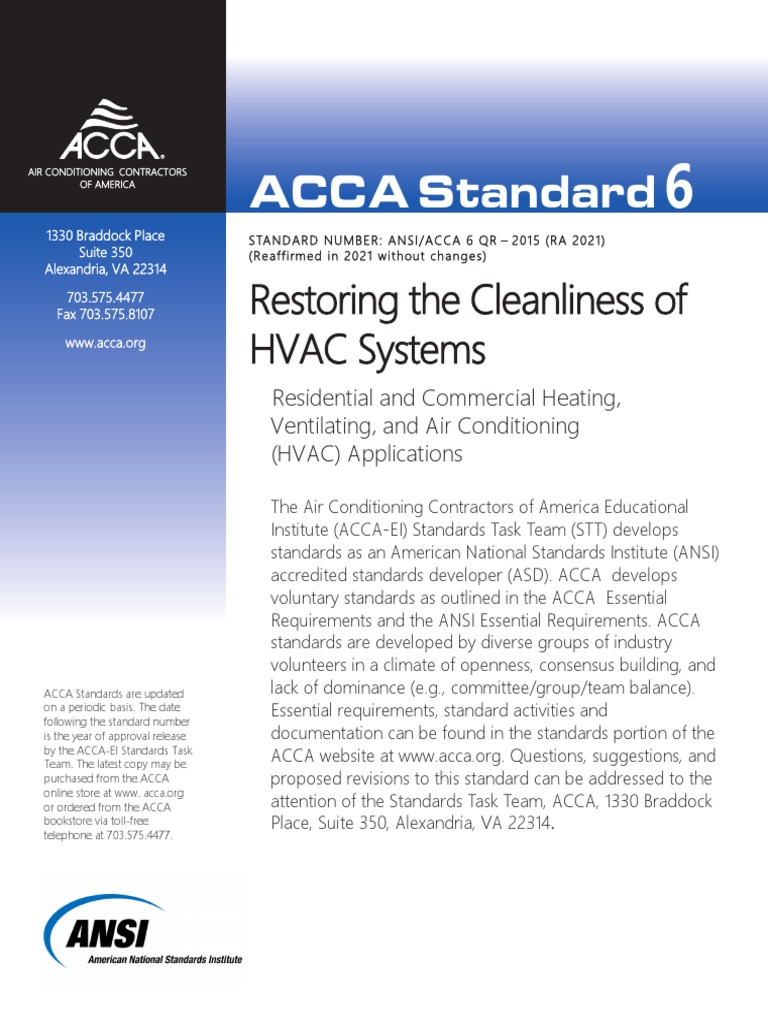 Acca 6 Qr Hvac System Cleanliness Ra 2021 Pdf Duct Flow Heat