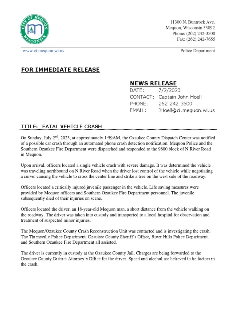 Press Release-Updated Mequon Fatal Crash | PDF | Traffic Collision ...