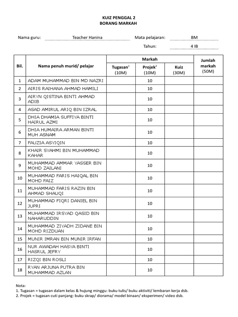KUIZ PENGGAL 2 - BORANG MARKAH - Docx - 4IB | PDF
