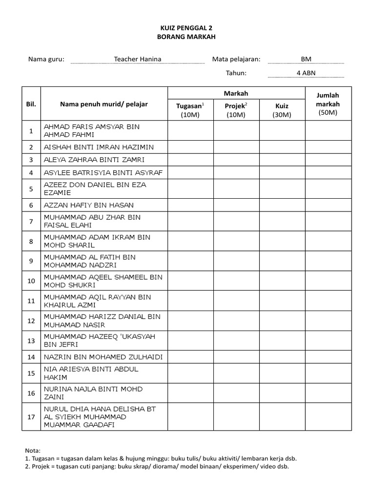Markah Kuiz Penggal 2 BM Tahun 4 | PDF