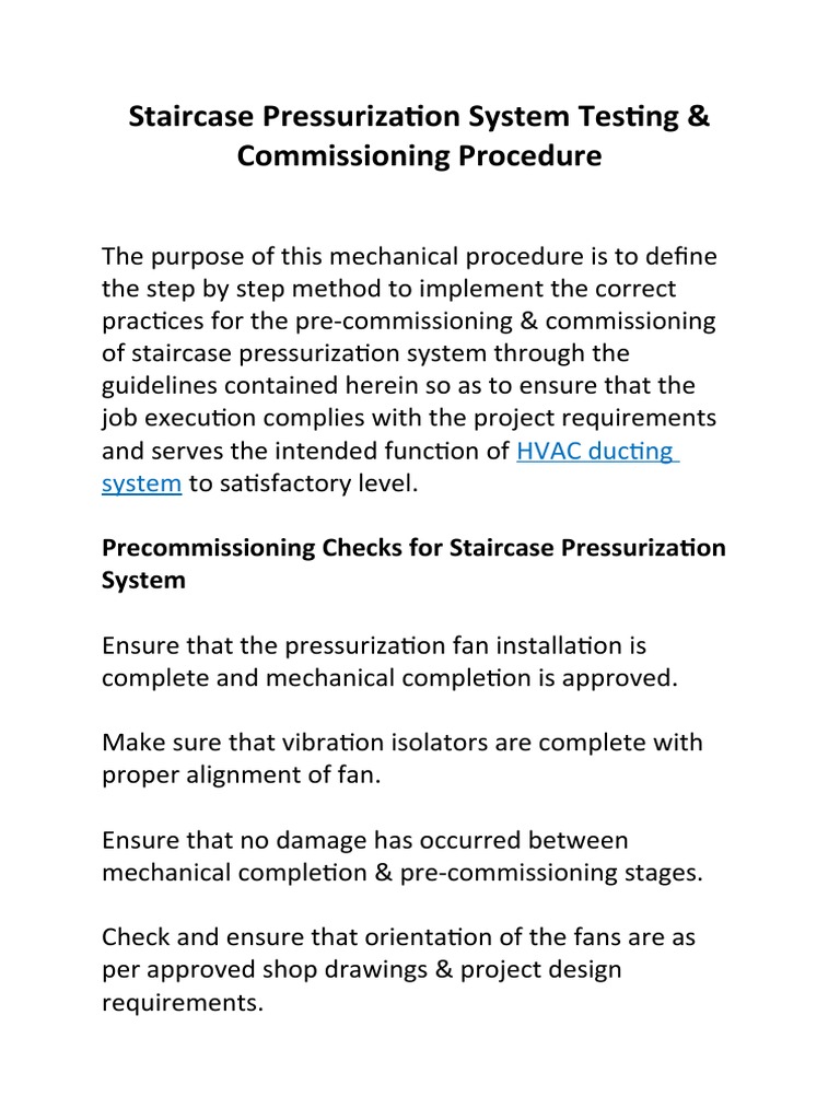 Staircase Pressurization Testing Procedure | PDF | Duct (Flow ...