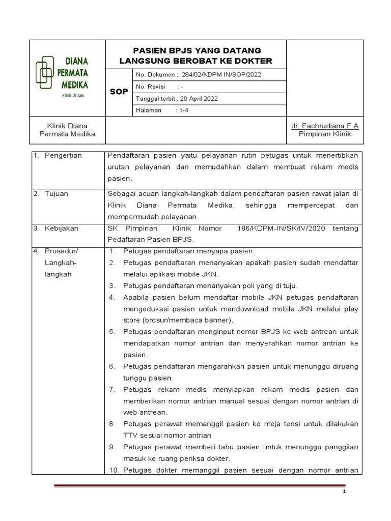 Sop Pasien Datang Langsung Berobat Ke Dokter | PDF