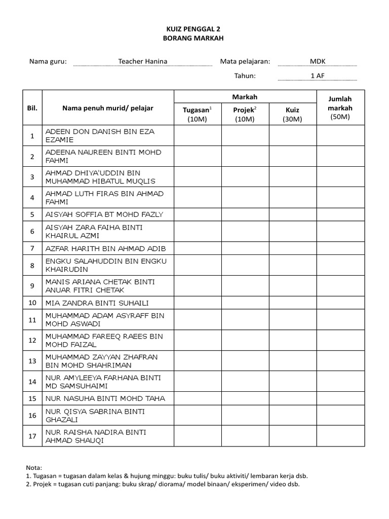 Kuiz Penggal 2 - Borang Markah - Docx - 1af (MDK) | PDF