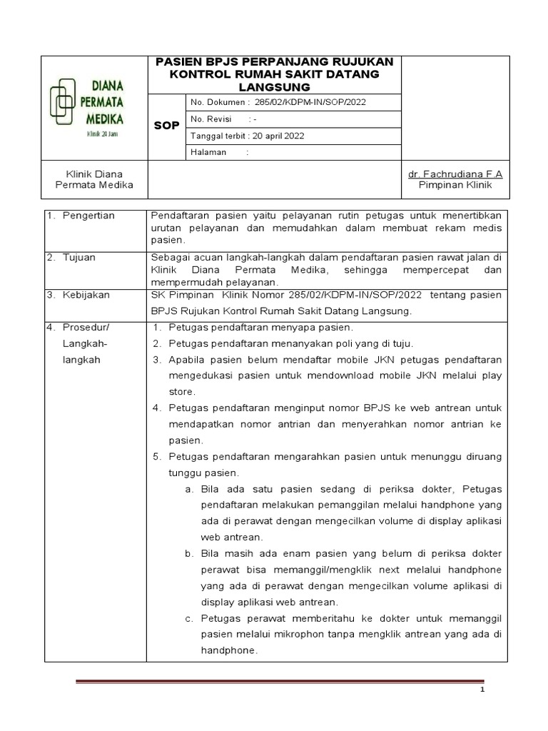 Sop Bpjs Rujukan Kontrol Datang Langsung. | PDF