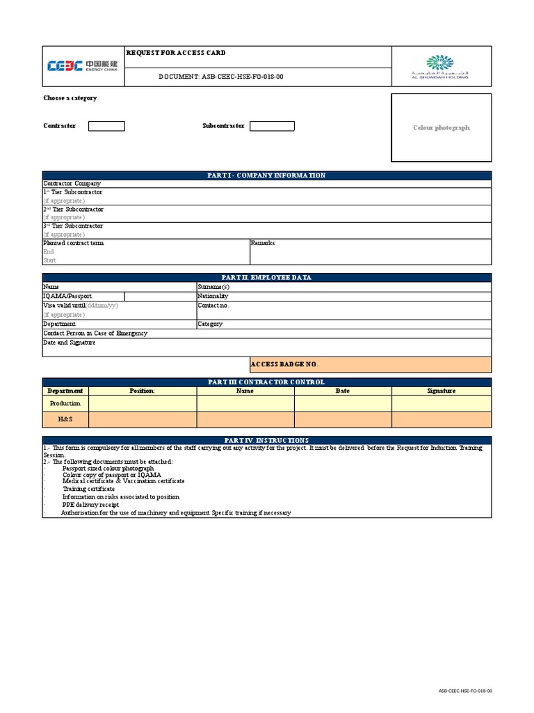 ASB-CEEC-HSE-FO-018-00 Request For Access Card | PDF | Technology ...