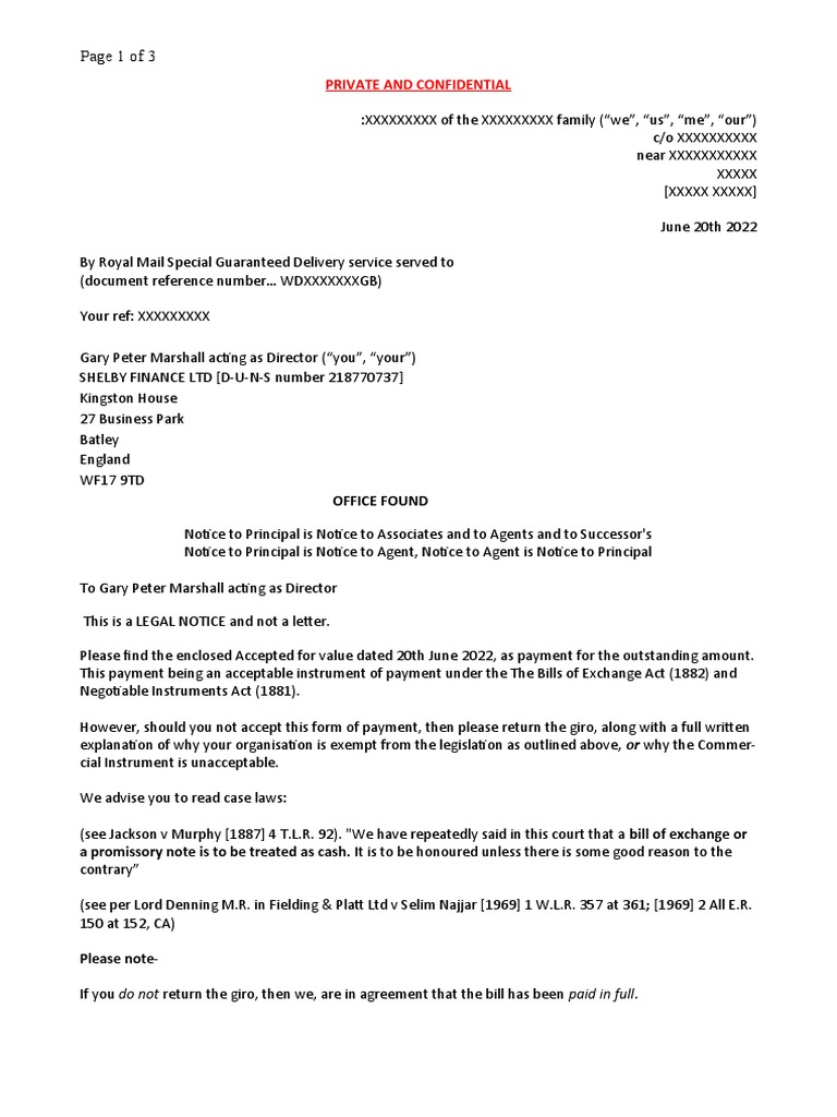 Legal Notice of Payment Acceptance | PDF | Negotiable Instrument | Justice