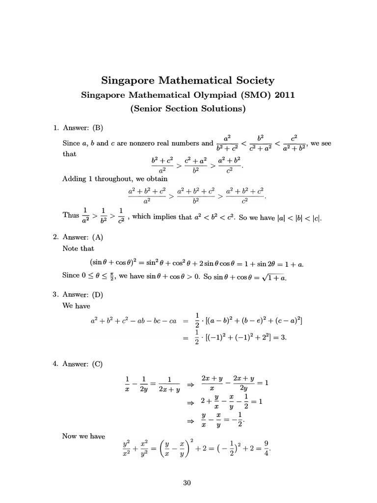 Senior Section - First Round Solutions - SMO Singapore Mathematical Olympiad 2011 | PDF | Number ...