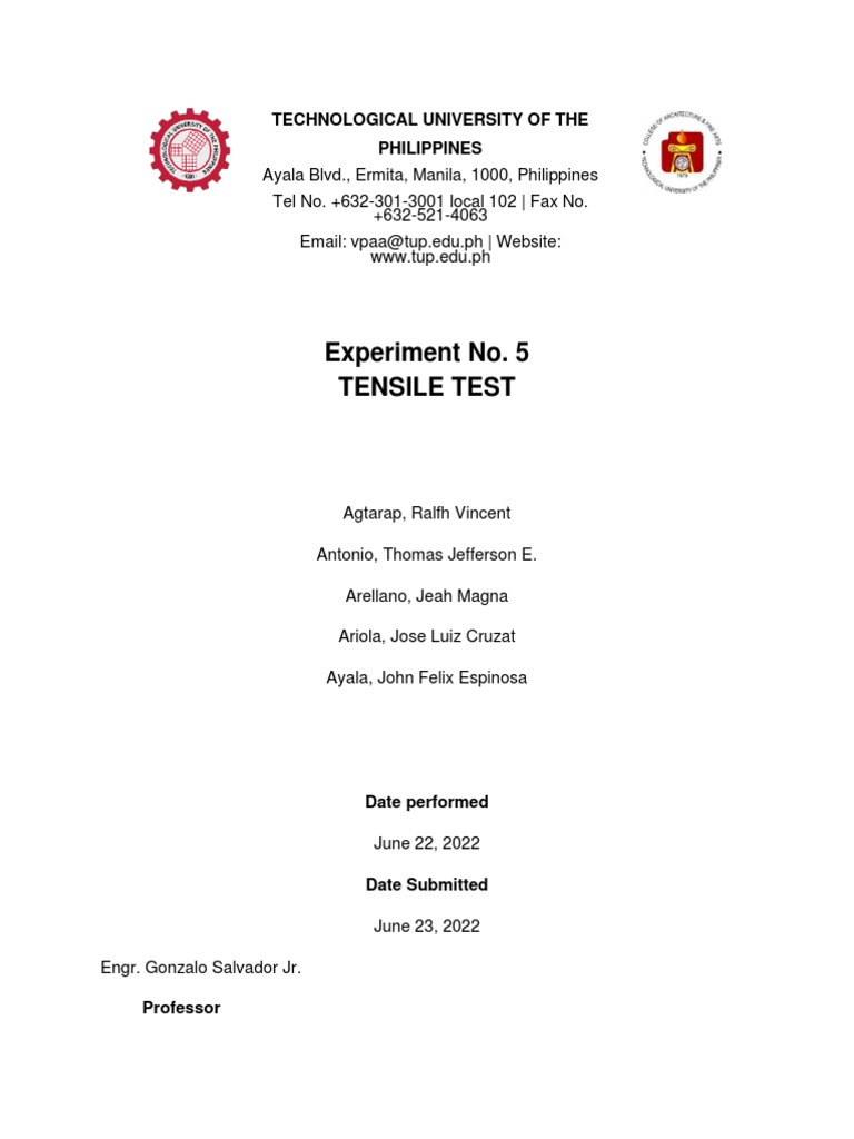 Experiment No. 5 Tensile Test | PDF | Strength Of Materials | Stress ...