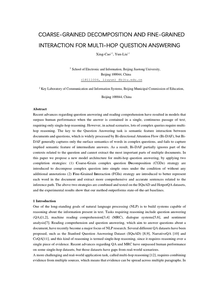 COARSE-GRAINED DECOMPOSITION AND FINE-GRAINED INTERACTION FOR MULTI-HOP QUESTION ANSWERING | PDF ...