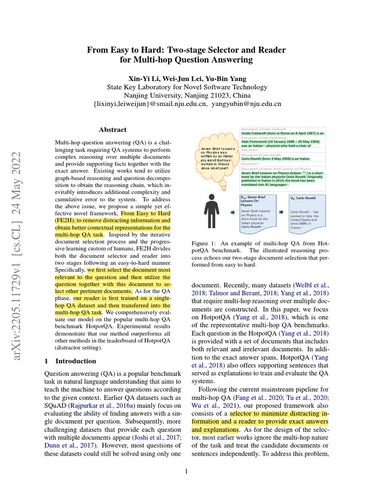 From Easy To Hard - Two-Stage Selector and Reader For Multi-Hop ...