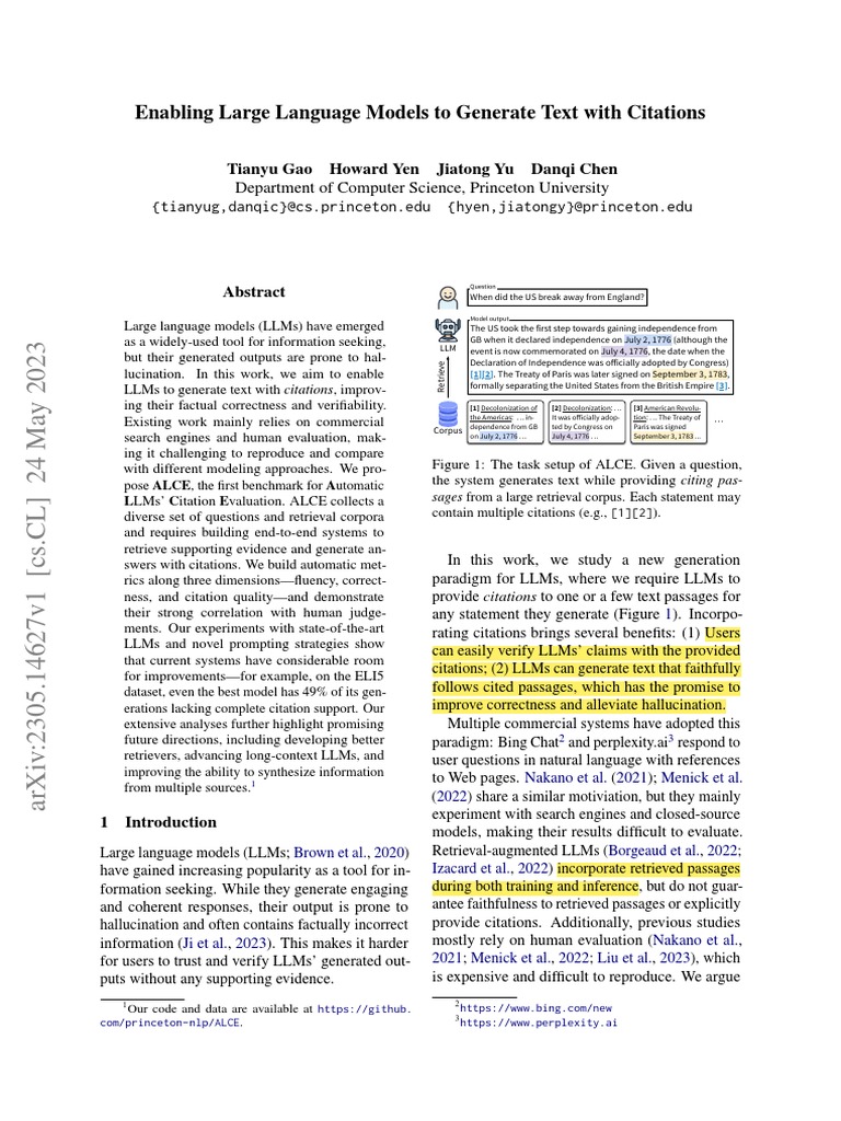Enabling Large Language Models To Generate Text With Citations | PDF | Information Retrieval ...