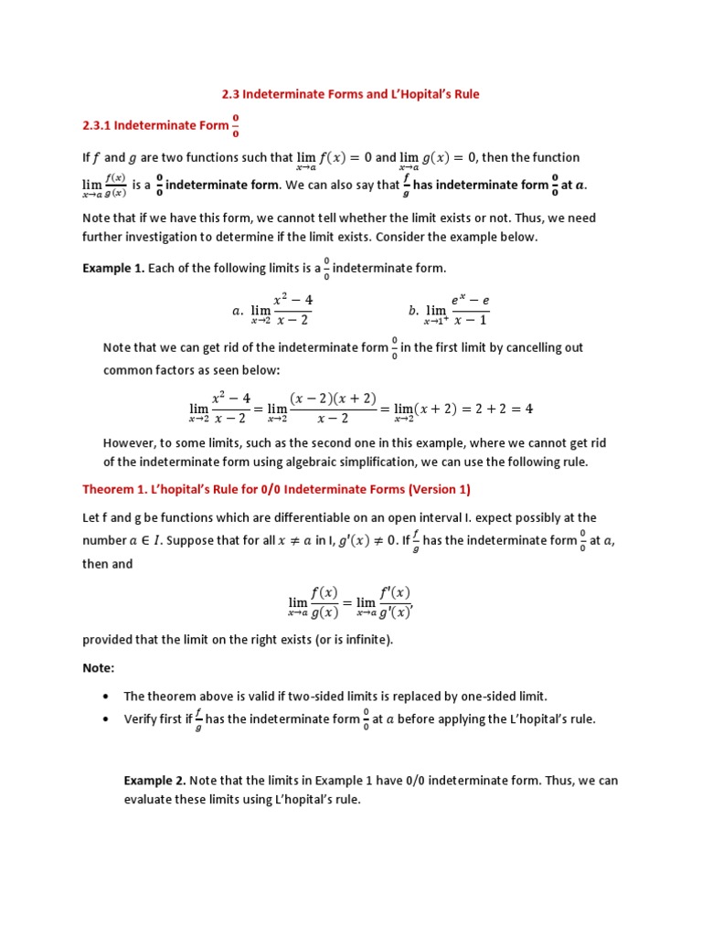 2.3 Indeterminate Forms and L’Hopital’s Rule | PDF | Mathematical ...