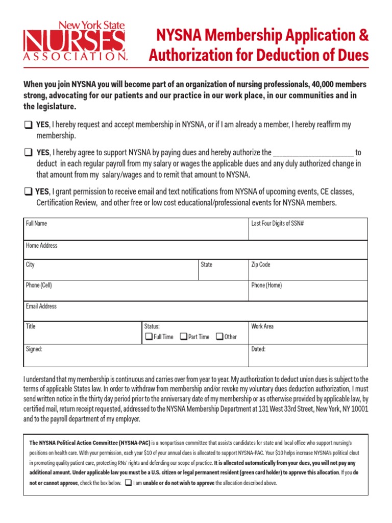 NYSNA Membership Application Form | PDF | Nursing | Payroll