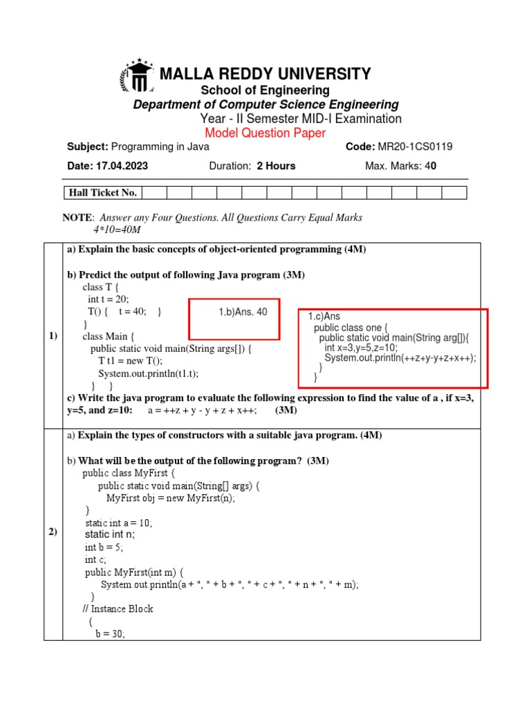 Solution For Java Sample MID - 1 | PDF | Programming | Constructor (Object Oriented Programming)