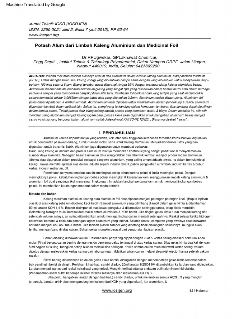 Potash Alum Dari Limbah Kaleng Aluminium Dan Medicinal Foil | PDF | Sains & Matematika