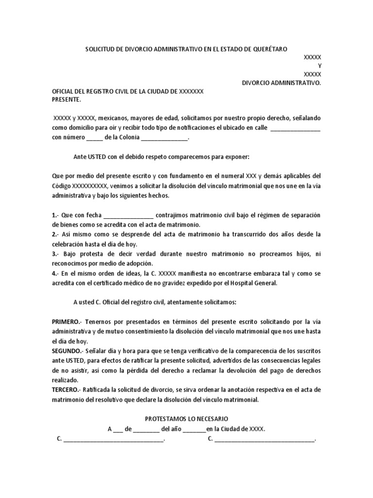 Solicitud De Divorcio Administrativo En El Estado De Queretaro Pdf