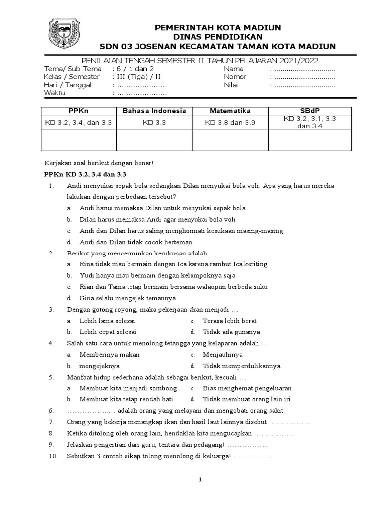 SOAL PTS KELAS 3 (Tema 6 Sub 1 2) | PDF