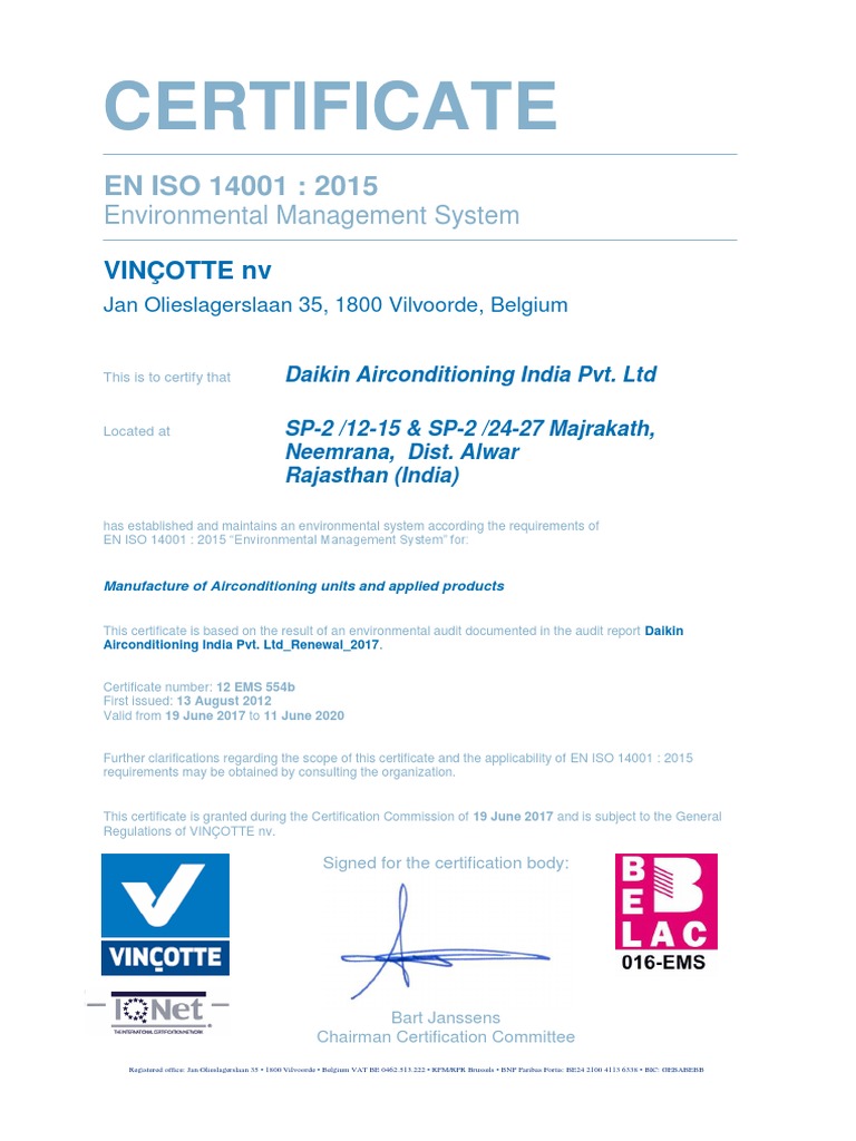 Daikin India ISO 14001 Certification | PDF