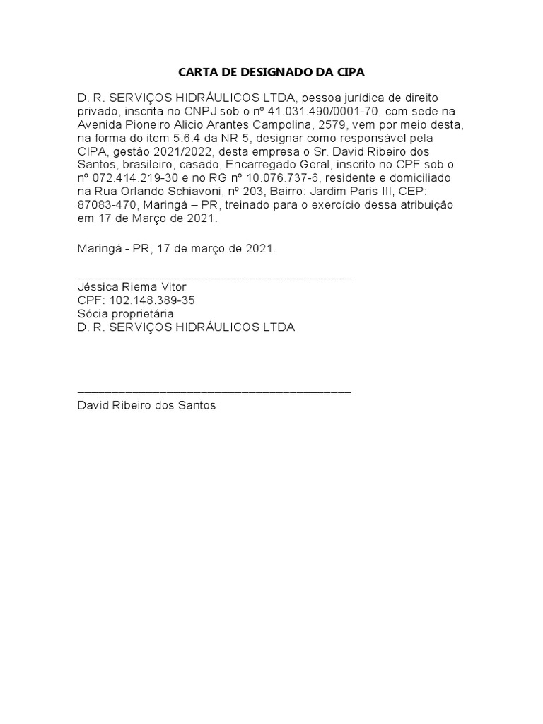 Carta de Designado Da Cipa | PDF