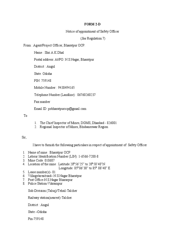 Appointment of Manager, Engg, Surveyor Etc. Form 2D | PDF | Oral ...