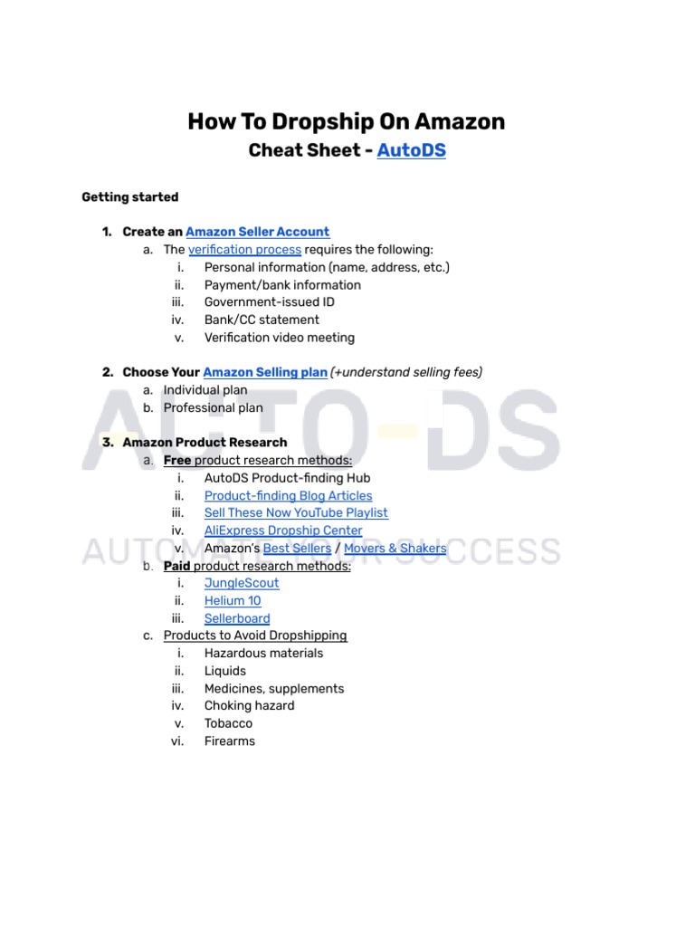 How To Dropship On Amazon - Cheat Sheet - AutoDS | PDF