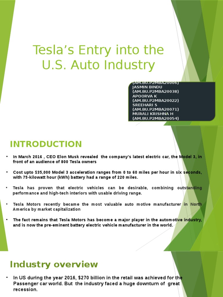 Tesla S Entry Into The U.S. Auto Industry 1 | PDF | Automotive Industry ...