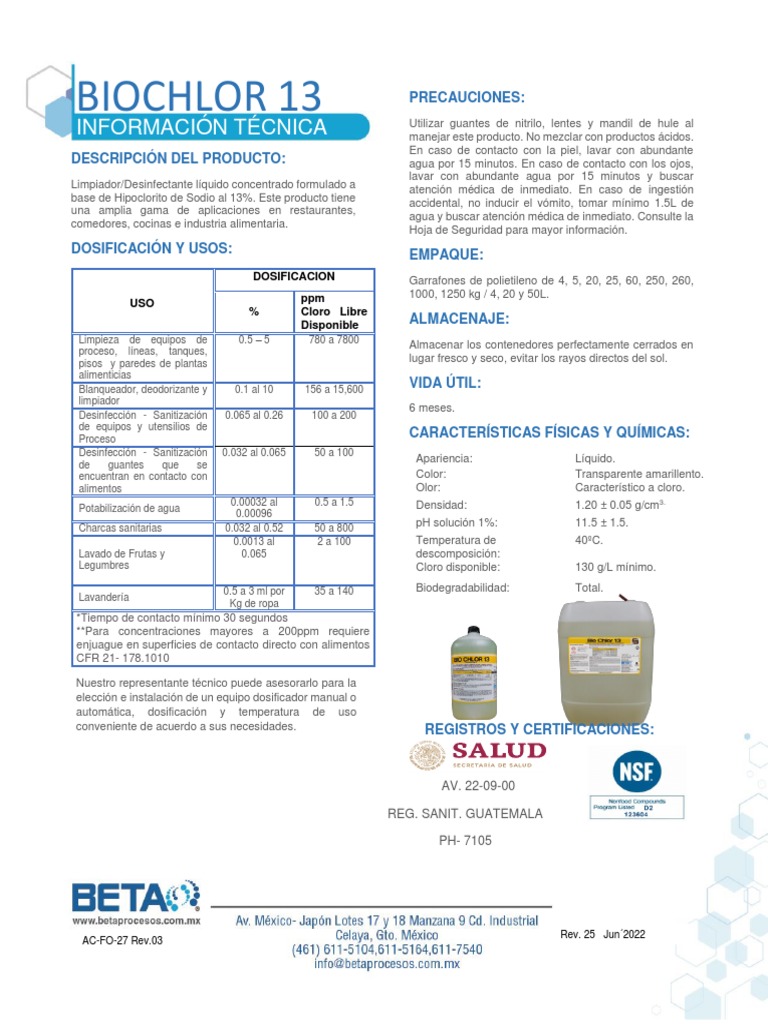 FT Biochlor 13 | PDF | Agua | Blanqueador
