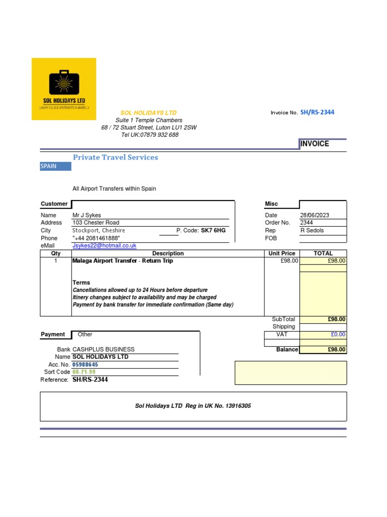 Malaga Airport Transfer Invoice | PDF
