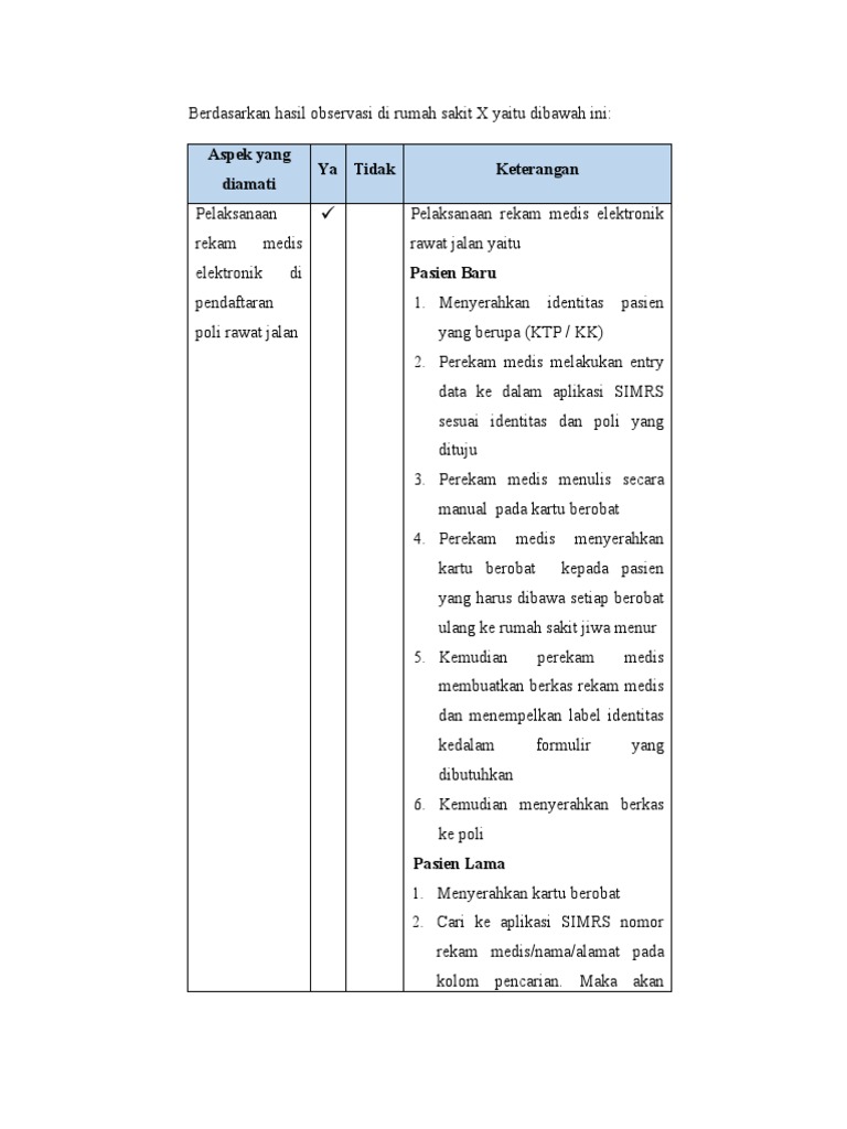 CONTOH HASIL OBSERVASI REKAM MEDIS | PDF