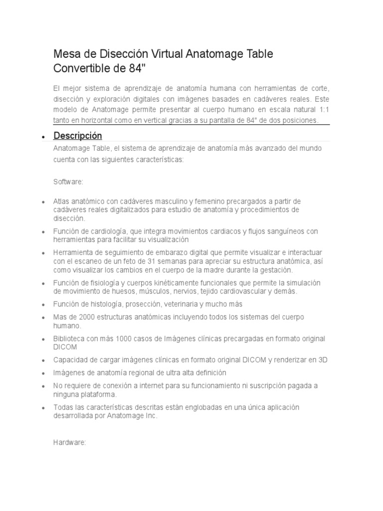 Mesa de Disección Virtual Anatomage Table Convertible de 84 | PDF