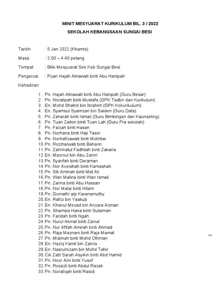 MINIT MESYUARAT KURIKULUM BIL 3 2022 | PDF